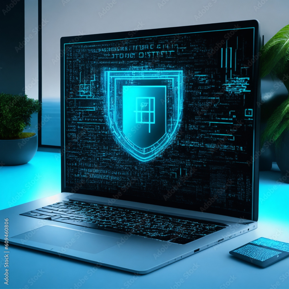 Cyber security on a moder nlaptop in a private mansion in front of a ...