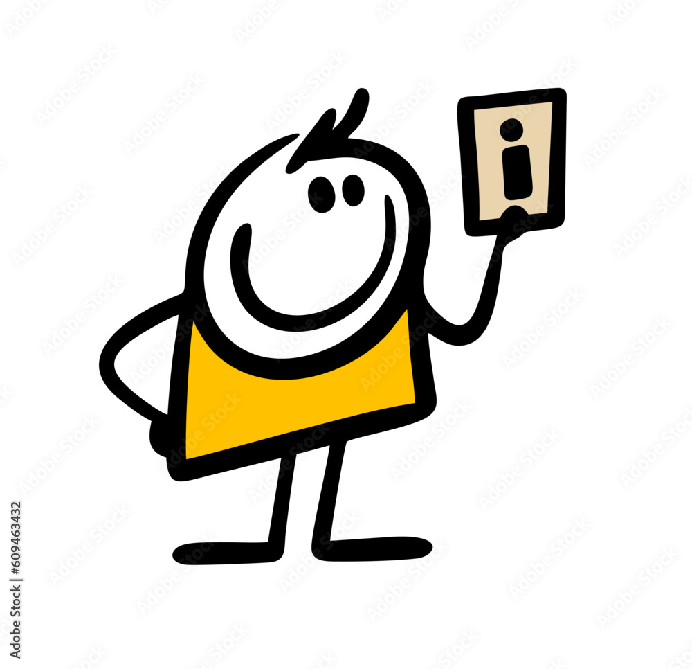 Funny stickman holds a piece of paper in his hand, a sign with an ...