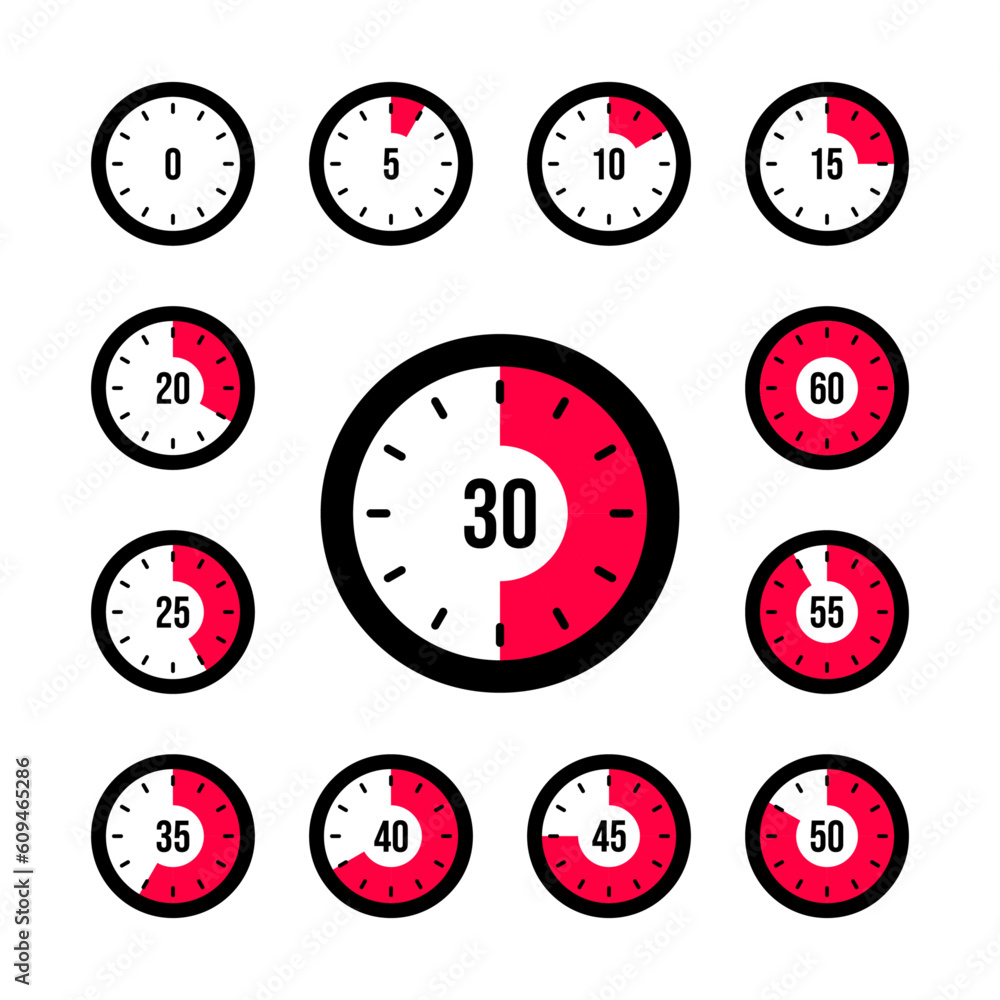Set of timer. Stopwatch icons set. Countdown 0, 5, 10, 15, 20, 25, 30 ...