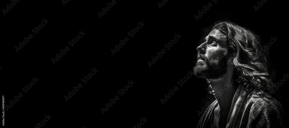 Black and white photorealistic studio portrait of Jesus Christ on black ...