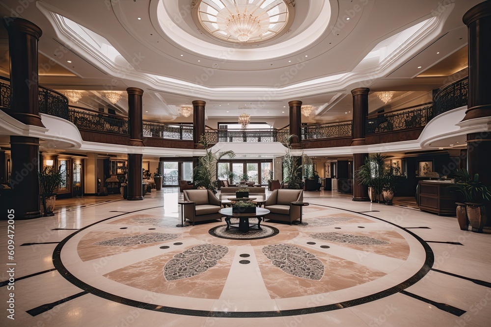 Interior of a hotel lobby. Luxury hotel lobby interior. A big and ...