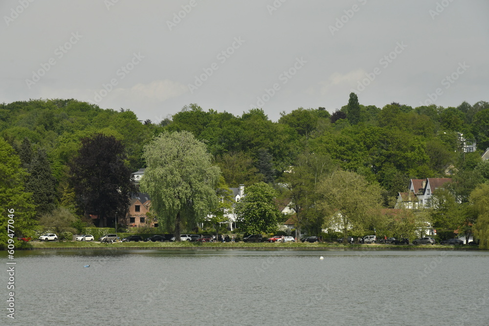 Le lac de Genval dans un cadre naturel bucolique sous un ciel gris à ...