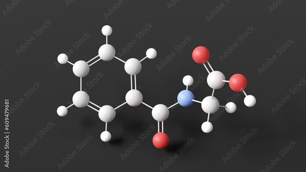 hippuric acid molecule, molecular structure, carboxylic acid, ball and ...