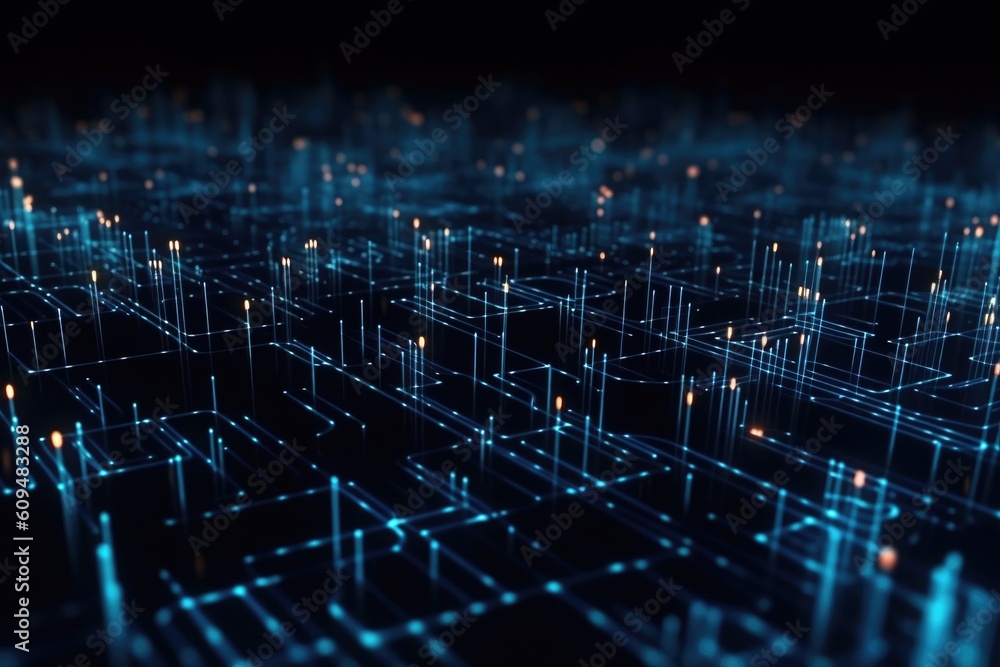 Abstract connected dots on a dark background. Big data digital code, data transmission ...