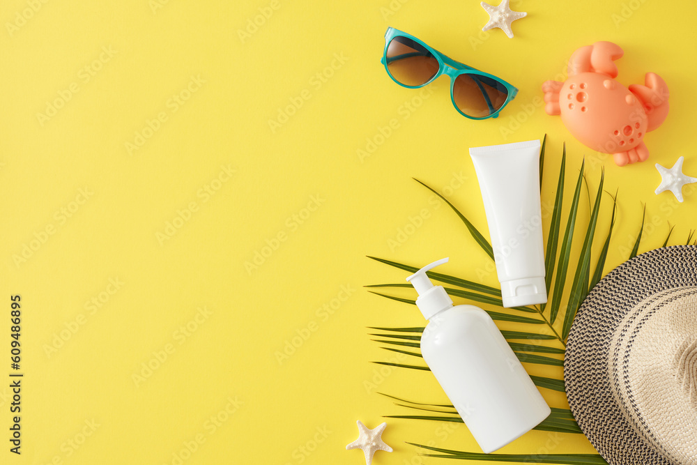 Concept of sunbathing on the beach with children. Top view flat lay of ...