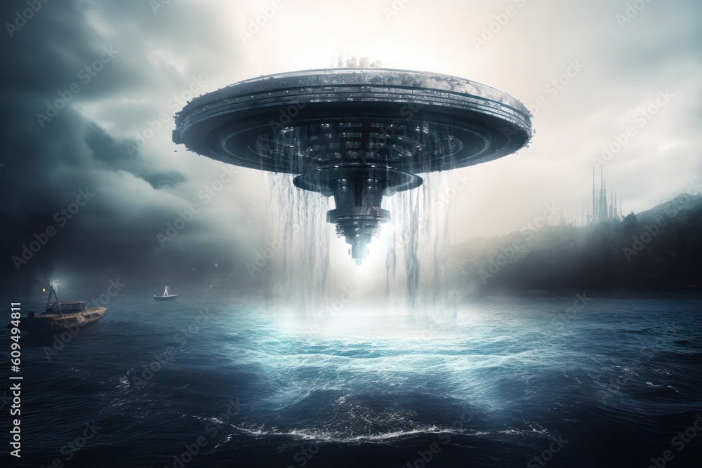 UFO, an alien spaceship with a blue beam of light, takes off from under ...