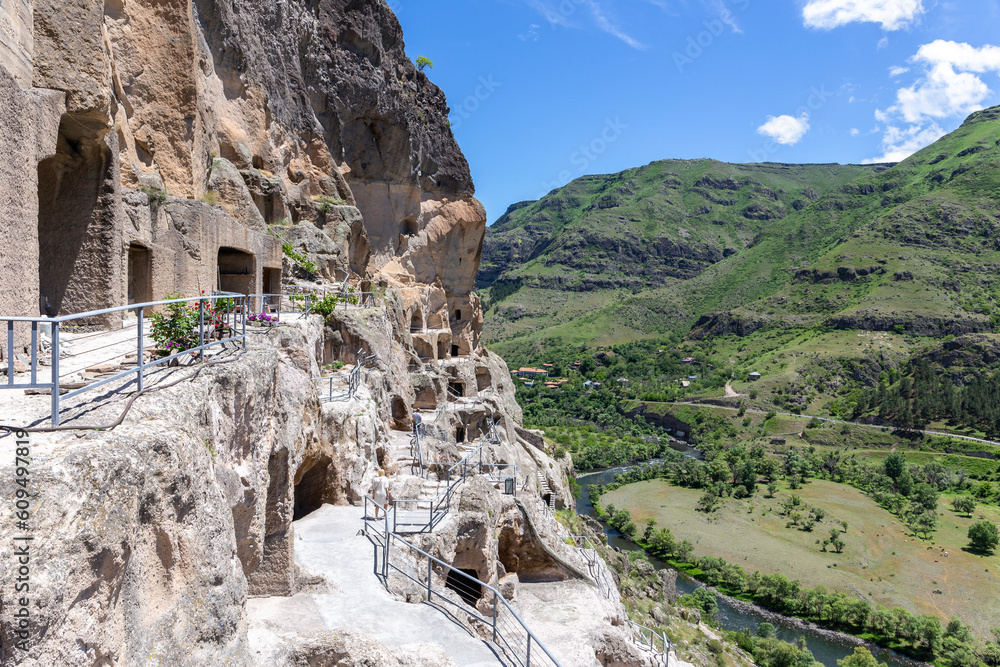 Vardzia cave monastery complex in Georgia, mountain slope with caves ...