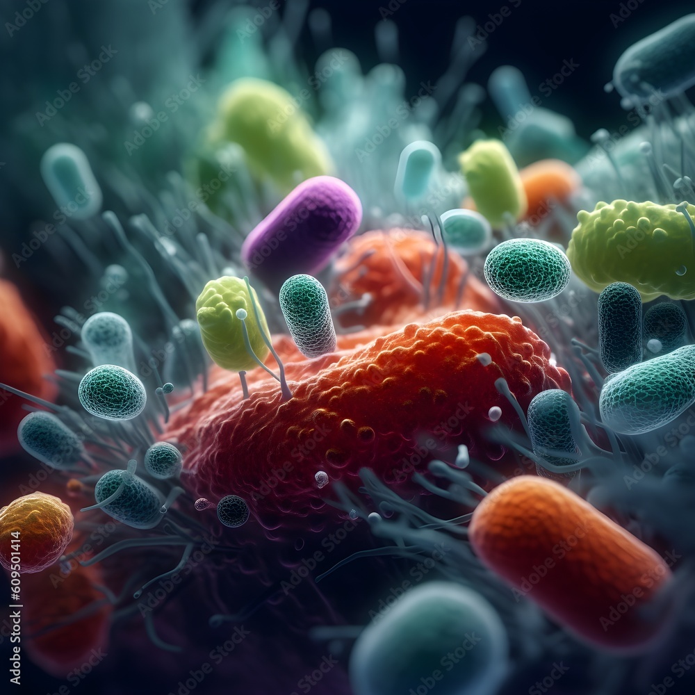 Lots of stylized bacteria, neon light, image of cover for the ...