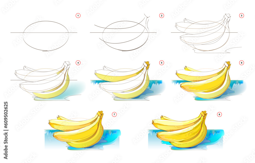 How to learn to draw sketch of a bunch of bananas. Creation step by ...