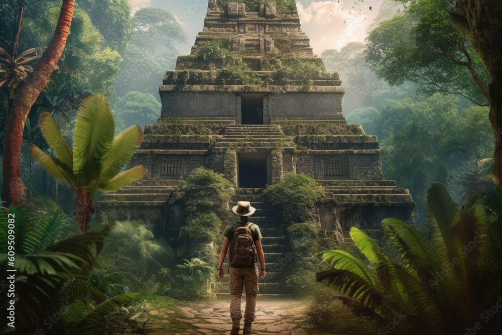 Archaeologist in front of Aztec temple in rainforest, Explorer with hat ...