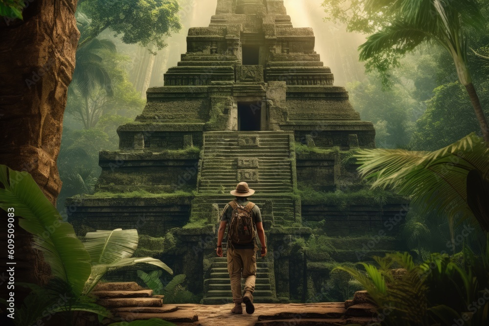 Archaeologist in front of Aztec temple in rainforest, Explorer with hat ...