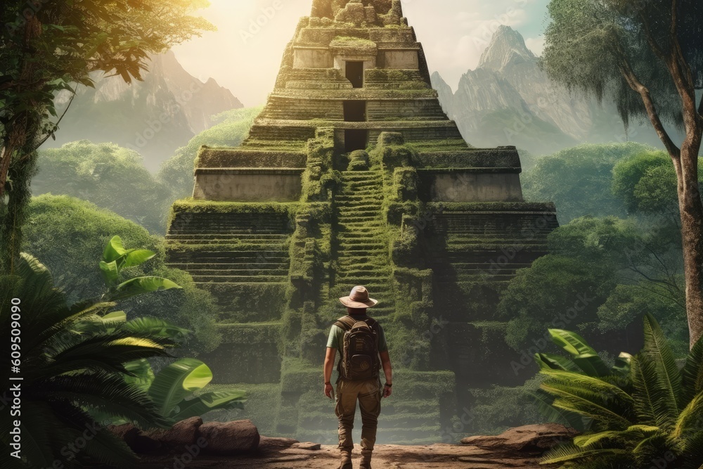 Archaeologist in front of Aztec temple in rainforest, Explorer with hat ...
