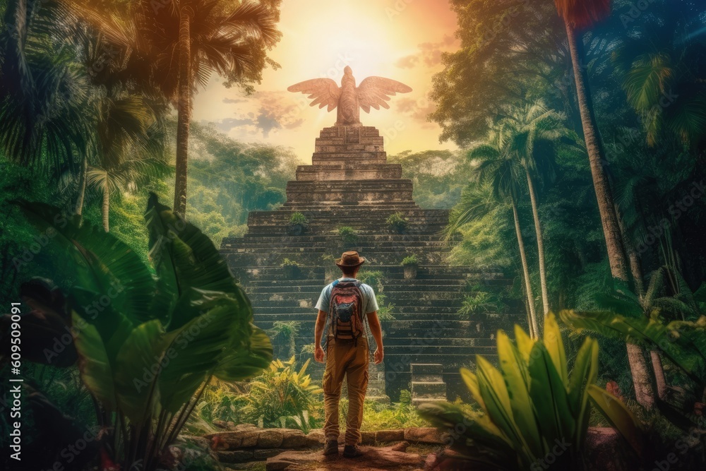 Archaeologist in front of Aztec temple in rainforest, Explorer with hat ...