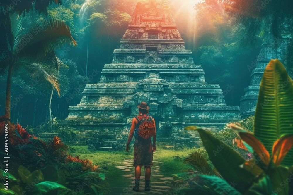 Archaeologist in front of Aztec temple in rainforest, Explorer with hat ...