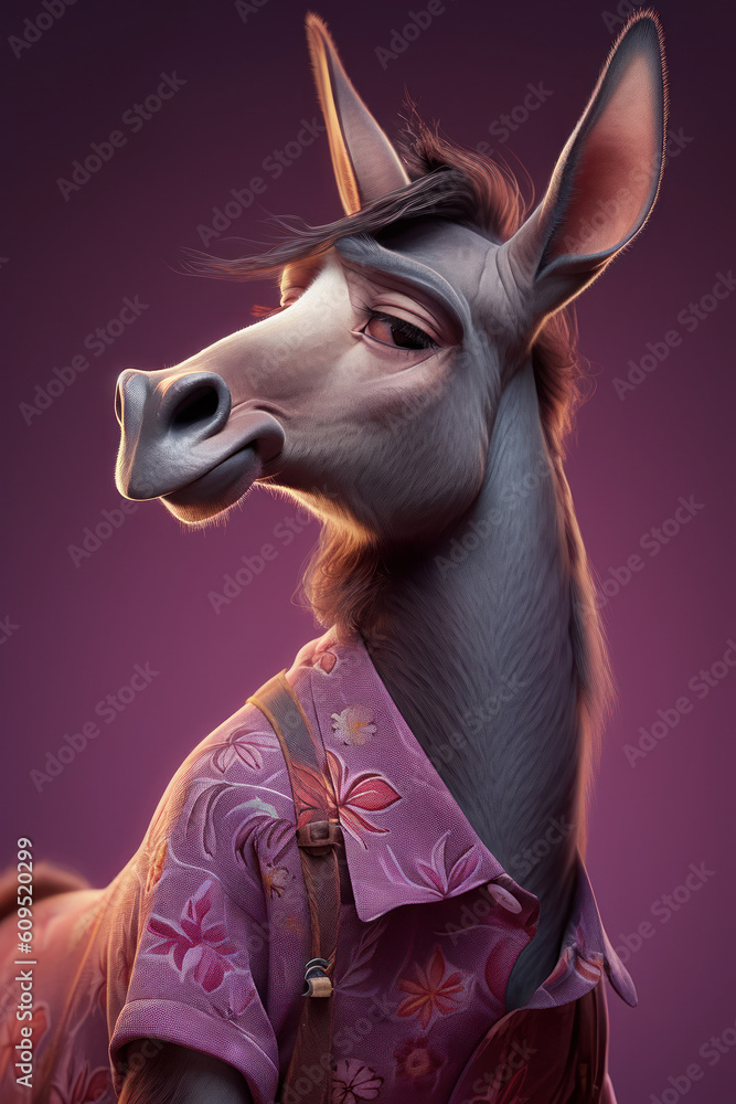 Anthropomorphic donkey dressed in human clothing. humanized animal ...