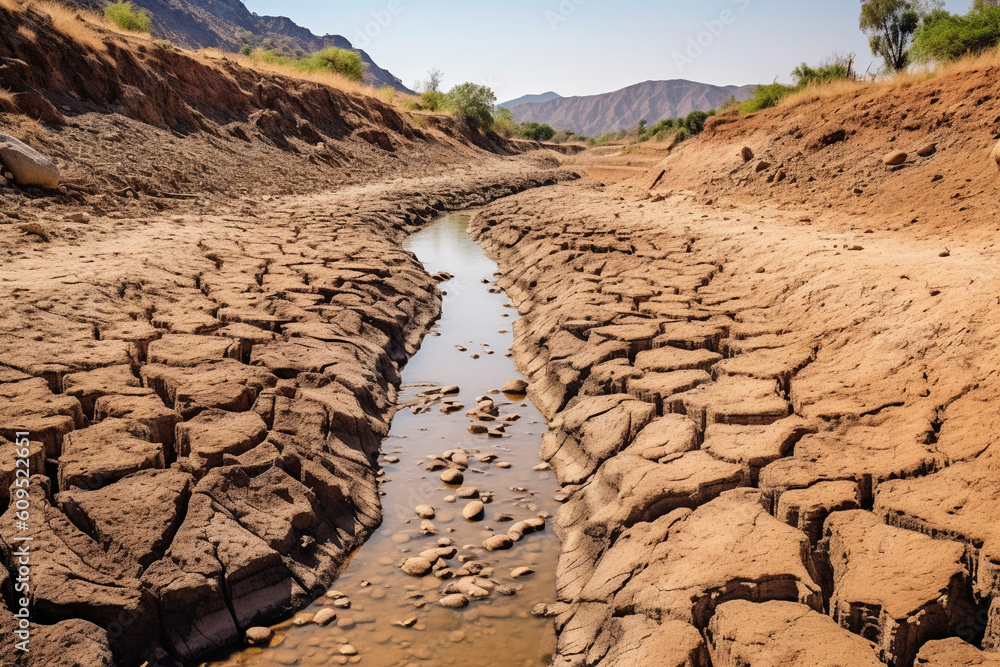 A parched riverbed indicating the severity of water scarcity, AI ...