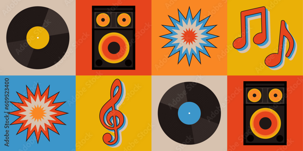 Retro music seamless vector pattern. Vibrant bold flat graphic style ...