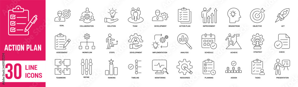 Action plan thin icons set. Action, planning, strategy, tasks, goal ...
