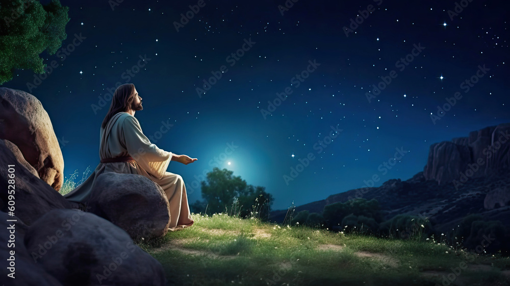 Jesus Christ of Nazareth kneeling and praying at night in garden of ...