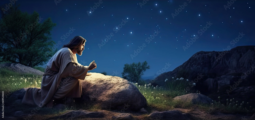 Jesus Christ of Nazareth kneeling and praying at night in garden of ...