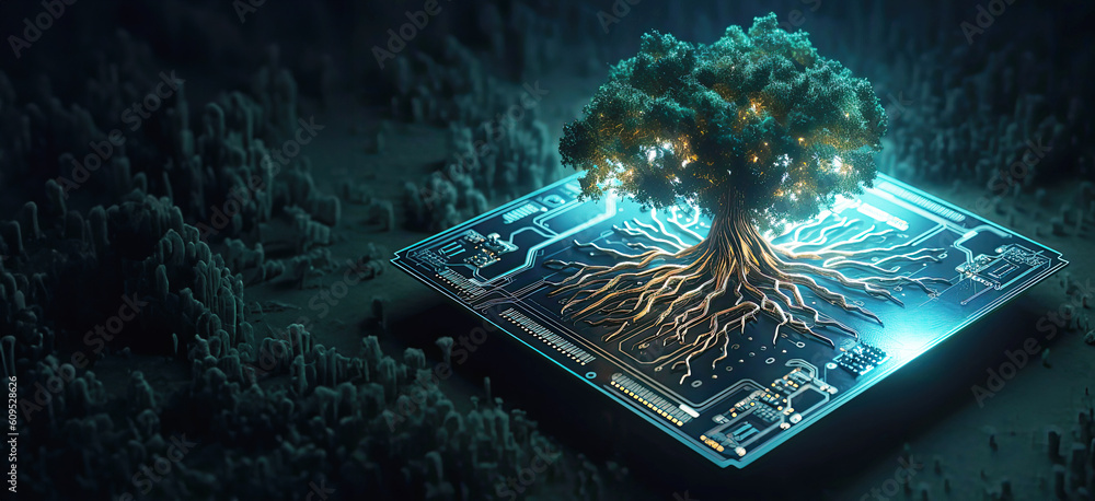 Tree with soil growing on the converging point of computer circuit ...