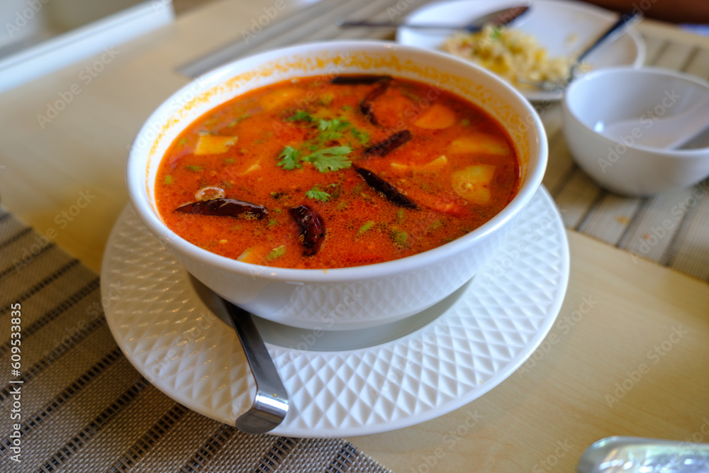 Tom Yam Kung ,Prawn and lemon soup with mushrooms, thai food in white ...