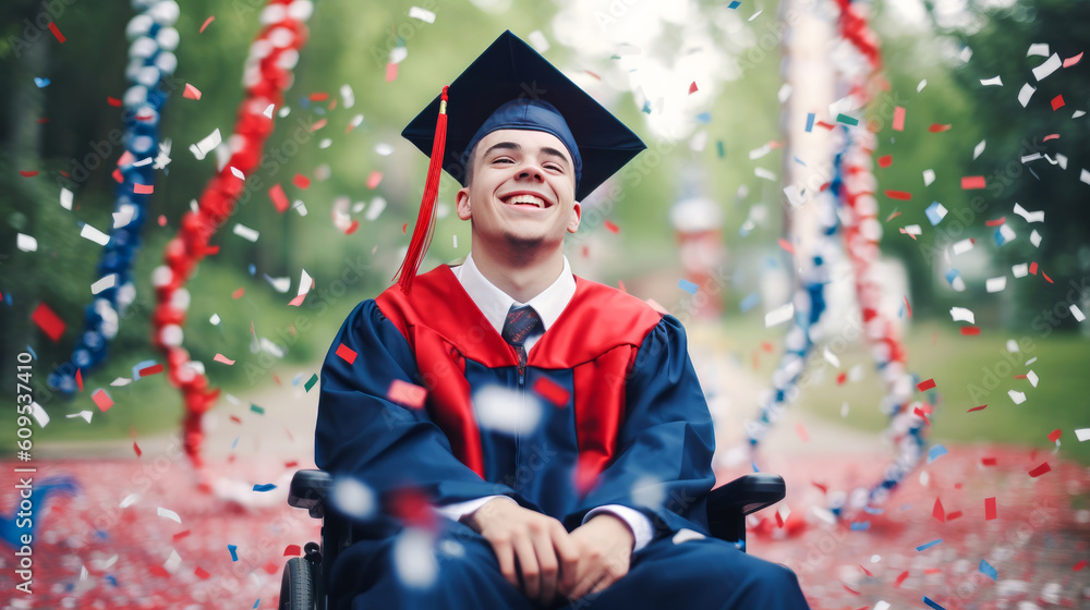 Happy caucasian male graduating student on wheelchair celebrating ...