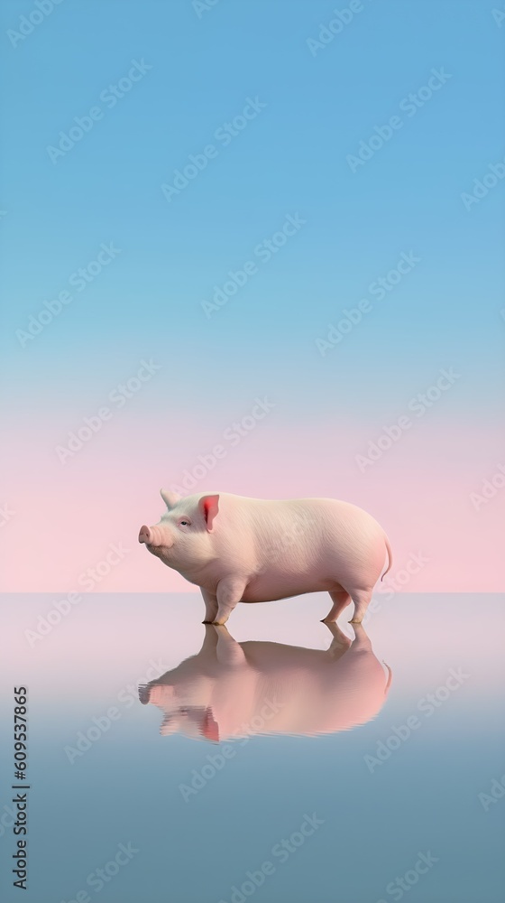 Fat farm pig on a reflective surface on pastel gradient background ...