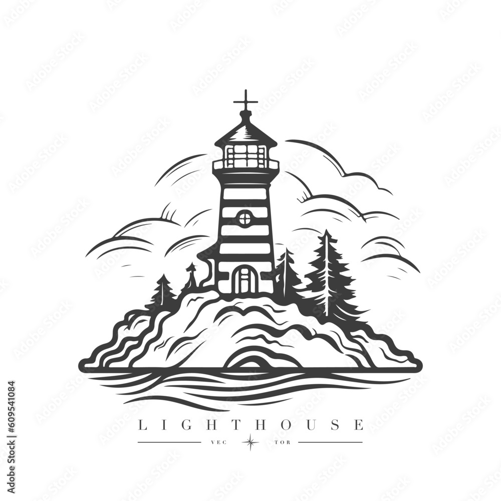 Lighthouse in the ocean on the small rocky island vector logo emblem ...