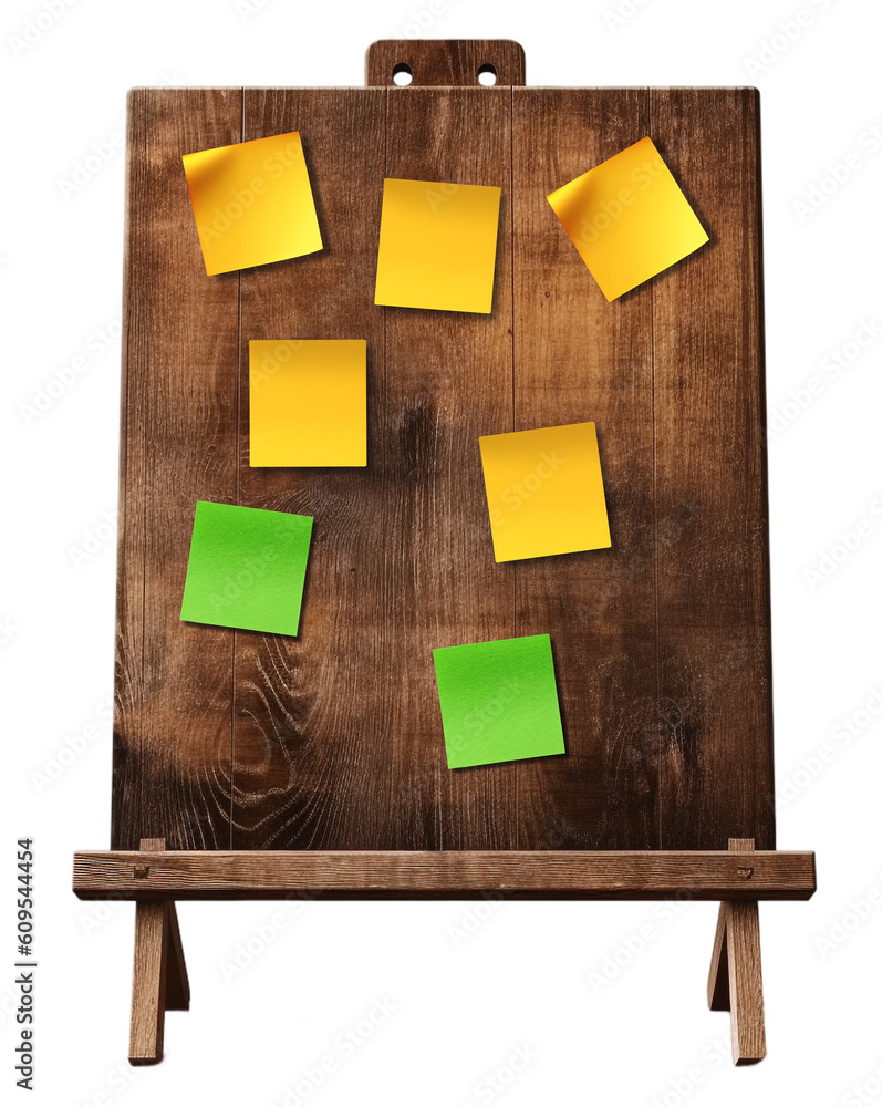 A wooden standing advertising panel with yellow and green post-it notes ...