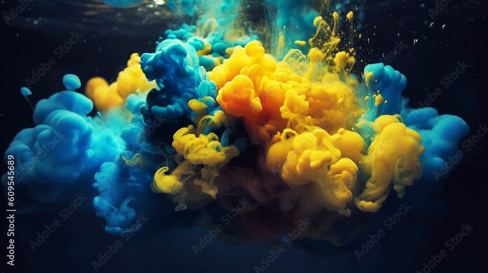 ink in the water. A splash blue and yellow paint. Abstract background ...