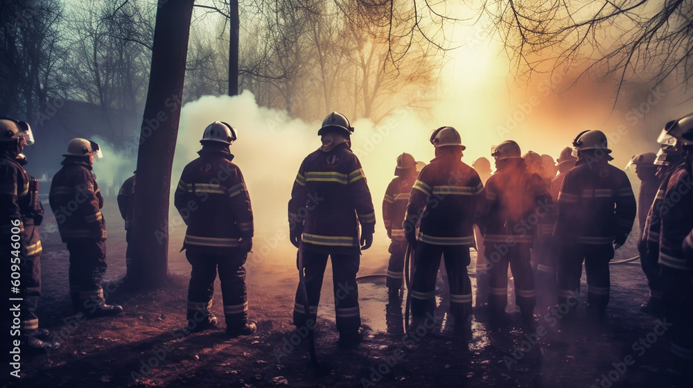 Firemans wearing firefighter turnouts and helmet. Dark background with ...