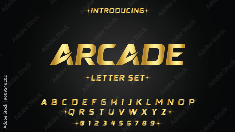 ARCADE, elegant golden alphabet letters font set. Classic Custom gold ...