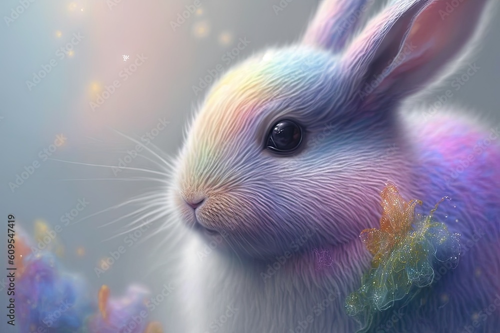 Abstract art of closeup cute rabbit with glowing pastel background ...