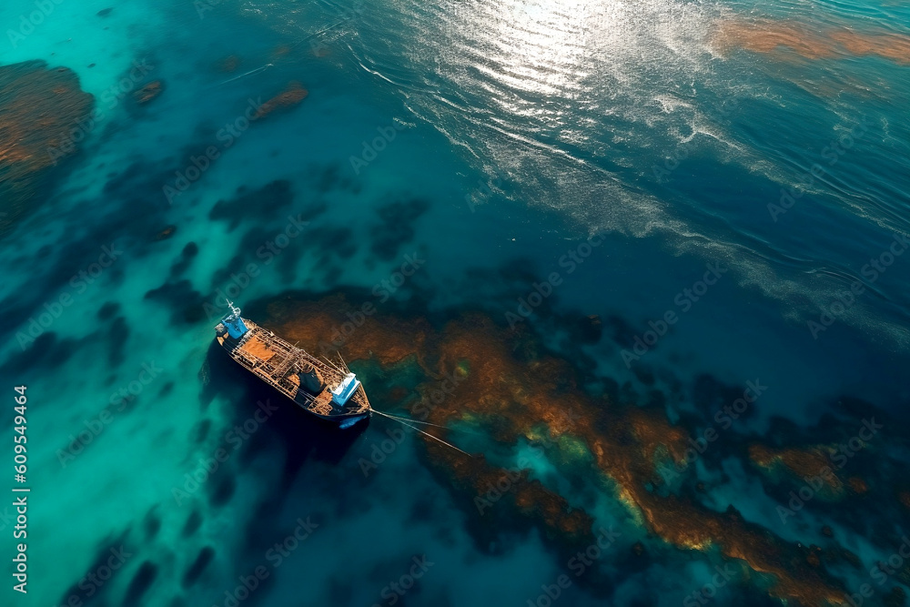Ship pollution. Oil spill pollution polluted water surface by maritime ...