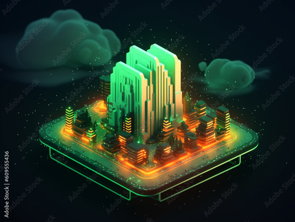Isometric green smart city, Digital transformation 3D model, Green ...