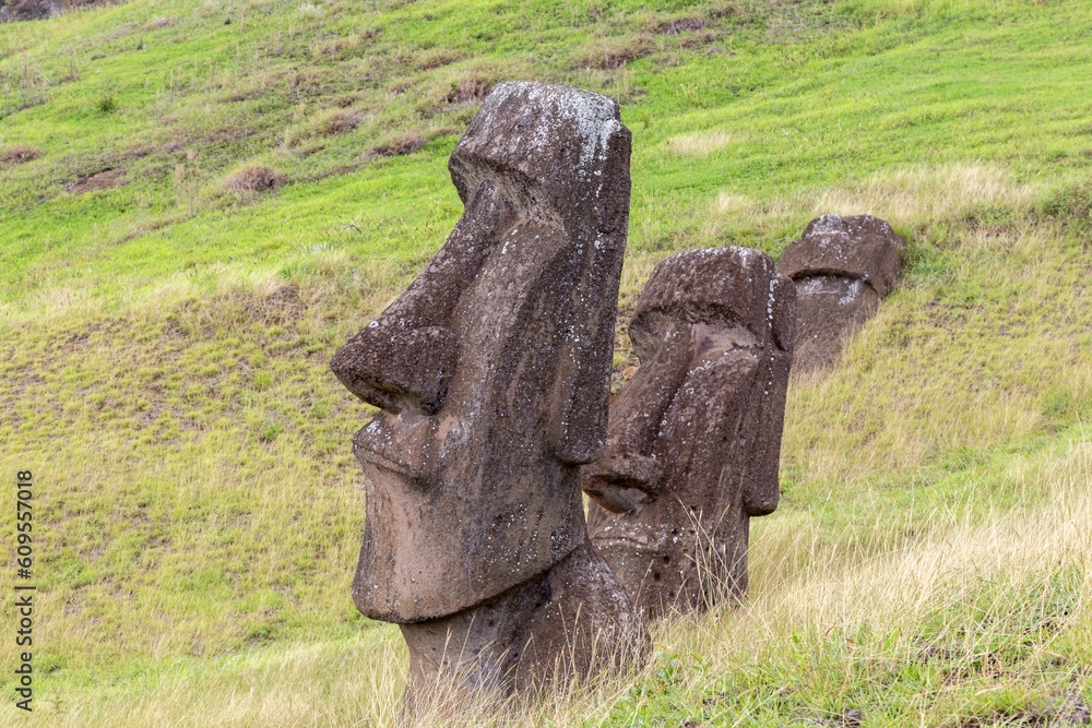 Row of Moai Sculpture Heads Side View, Rano Raraku Green Hillside ...