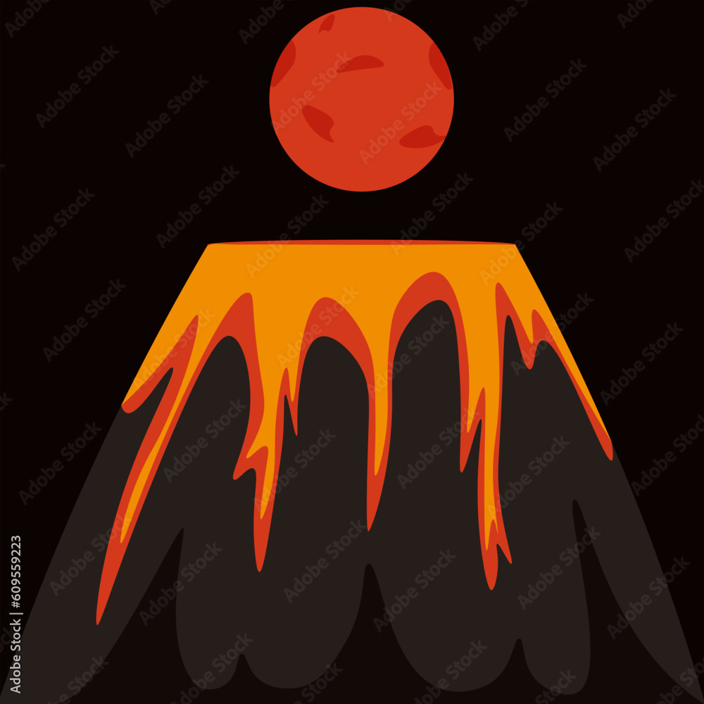 Cartoon Volcano isolated on black background with moon. Vulcan with ...