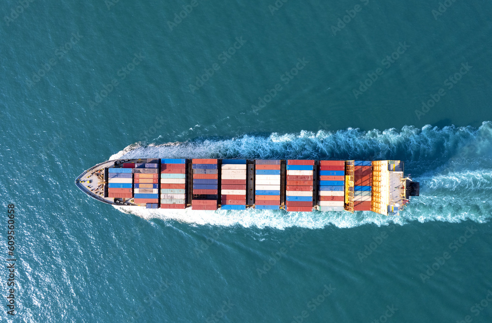 Top viewContainer ship loading and unloading in sea port, Aerial view ...