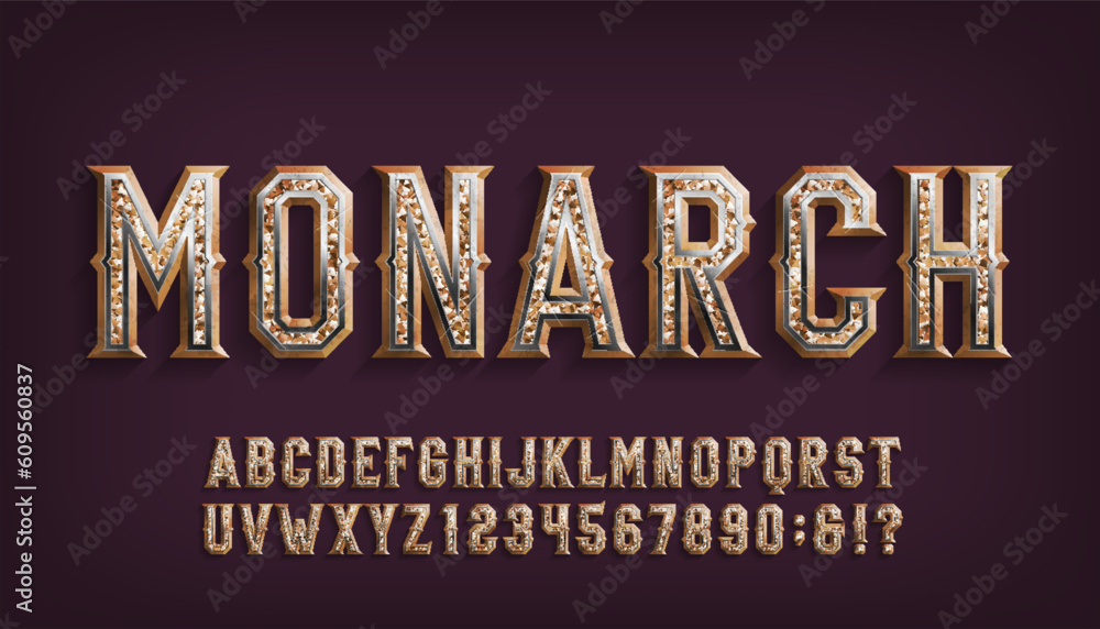 Monarch alphabet font. Damaged metal letters and numbers ornate with ...