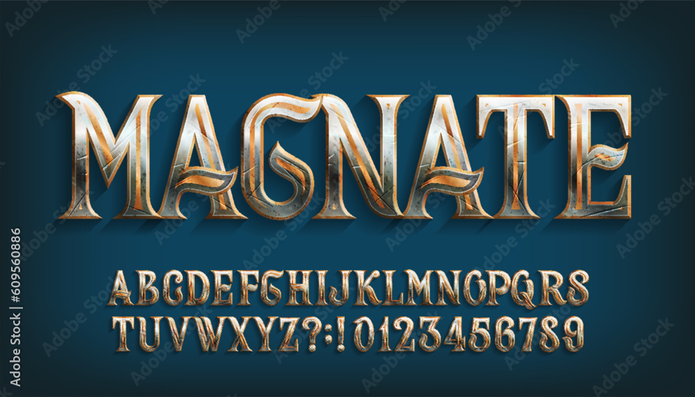 Magnate alphabet font. Damaged ornate metal letters and numbers. Stock ...