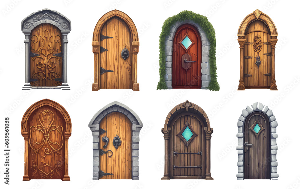 ui set vector illustration wooden door with a tiny round window isolate ...