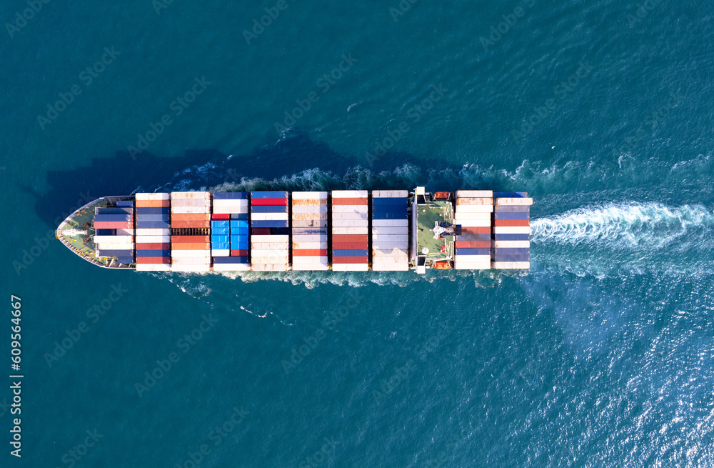 Top viewContainer ship loading and unloading in sea port, Aerial view ...