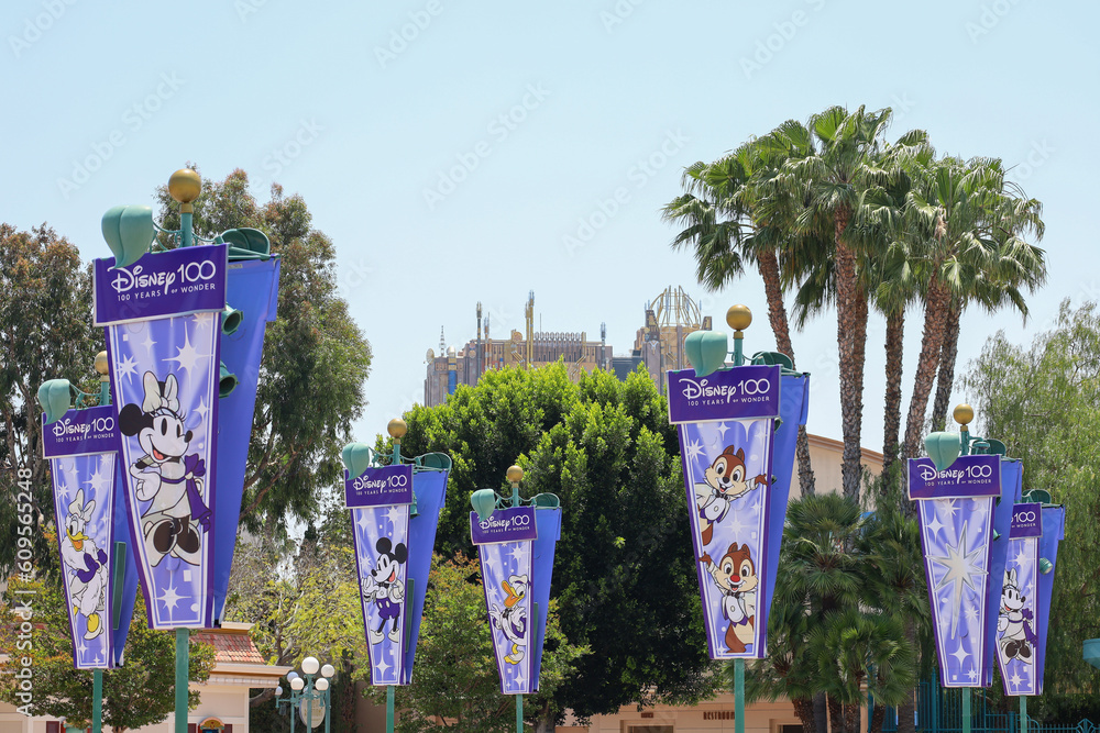 The Disney 100 year celebration flag banners with Disney characters by ...