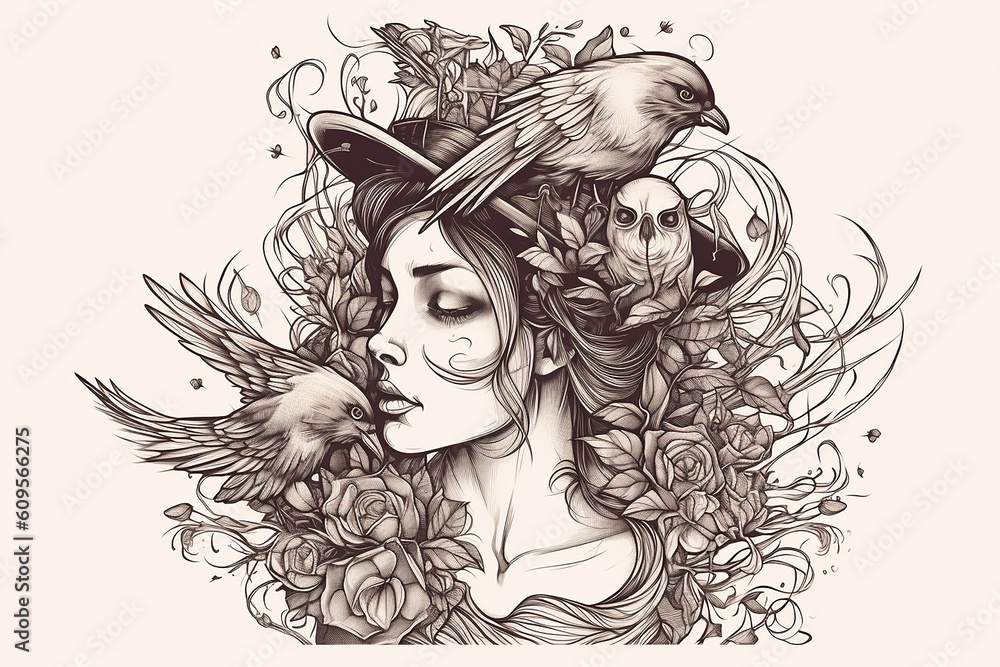 Fairy bird tattoo with skull and gallows, in the style of noir comic ...