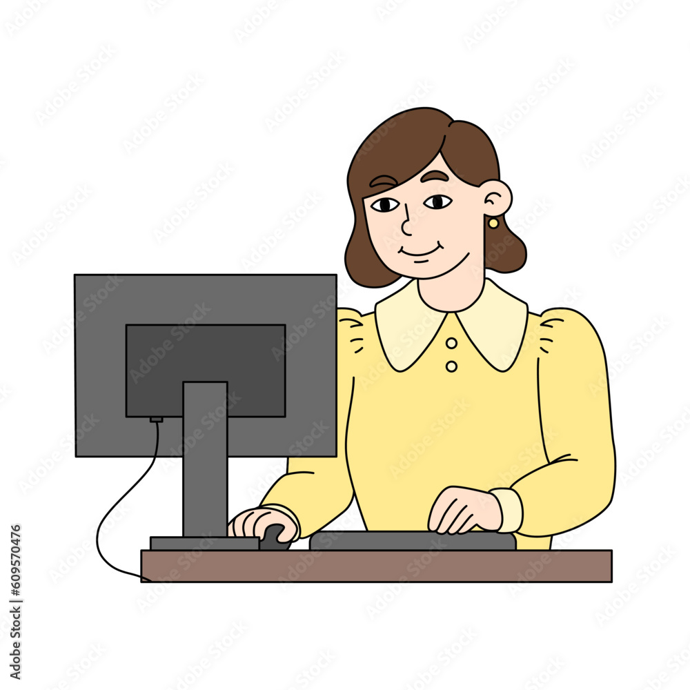 Woman in a suit sitting at the desk and working on the computer ...