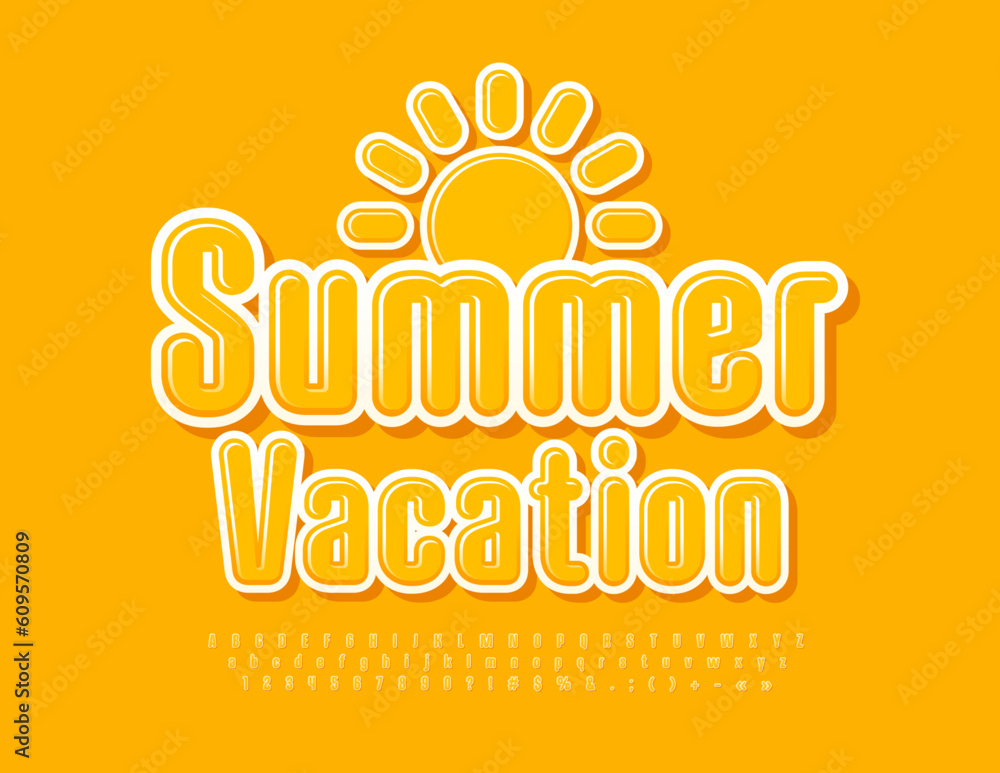 Vector yellow banner Summer Vacation with decorative Sun. Set of glossy ...