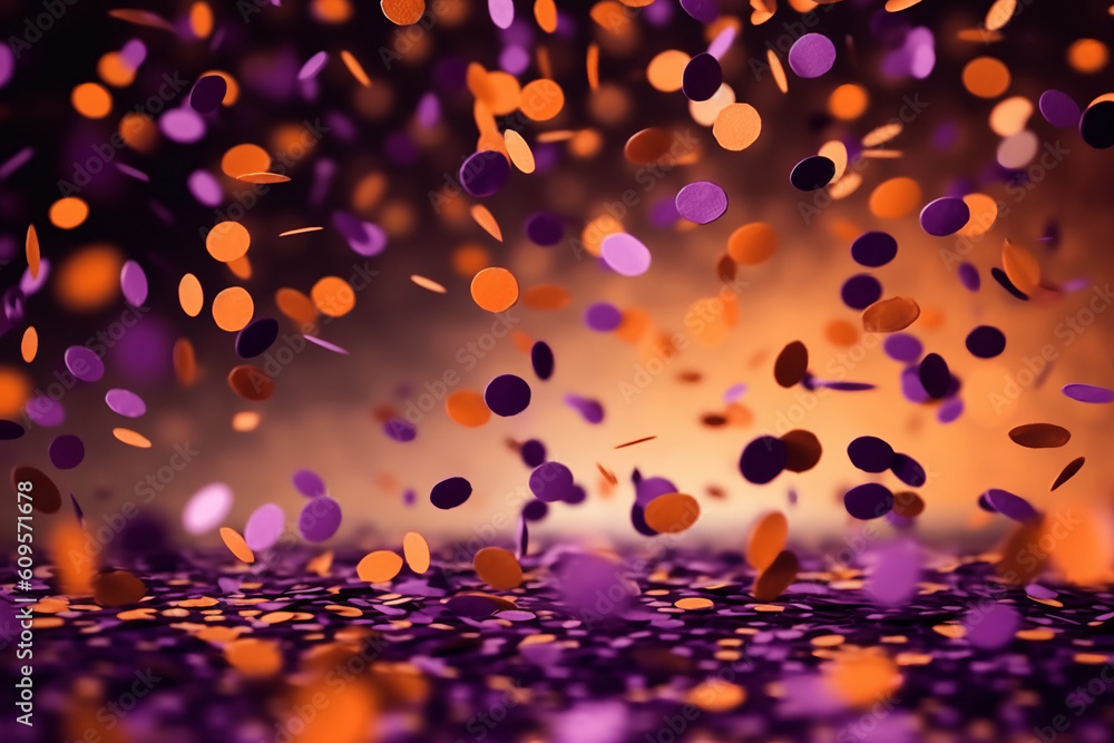 Orange, black and purple round flying confetti with purple bokeh ...