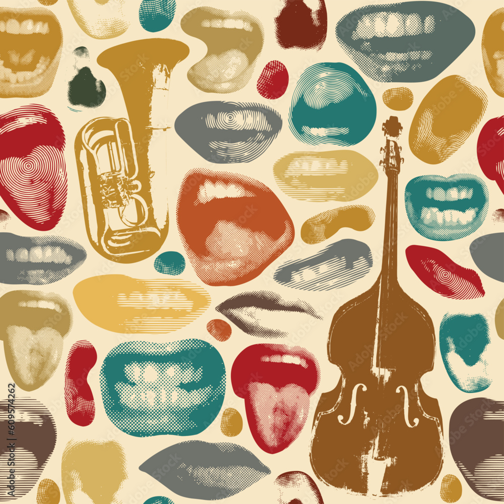 Seamless pattern with colored lips that smile and show tongue and white ...
