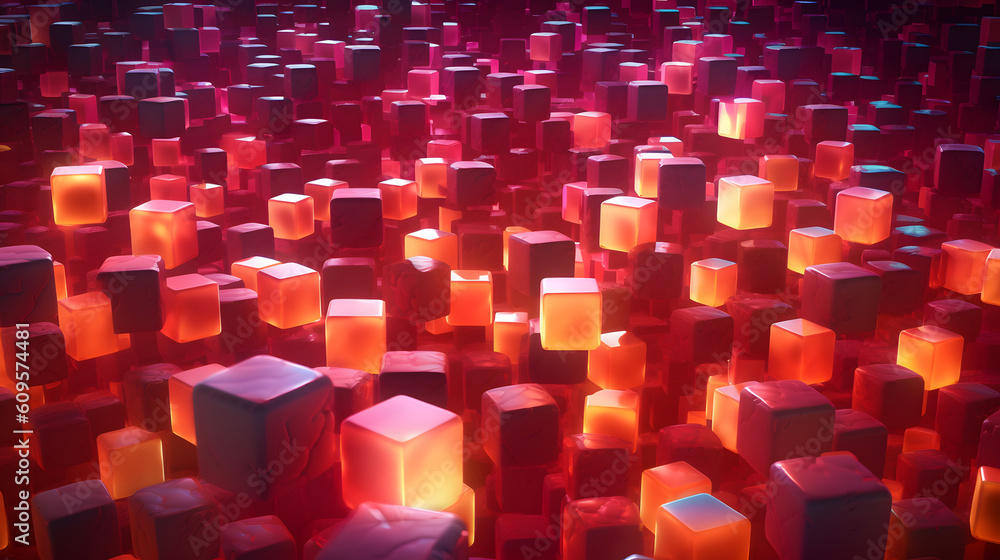 A symmetrical array of floating cubes, each emitting a vibrant ...